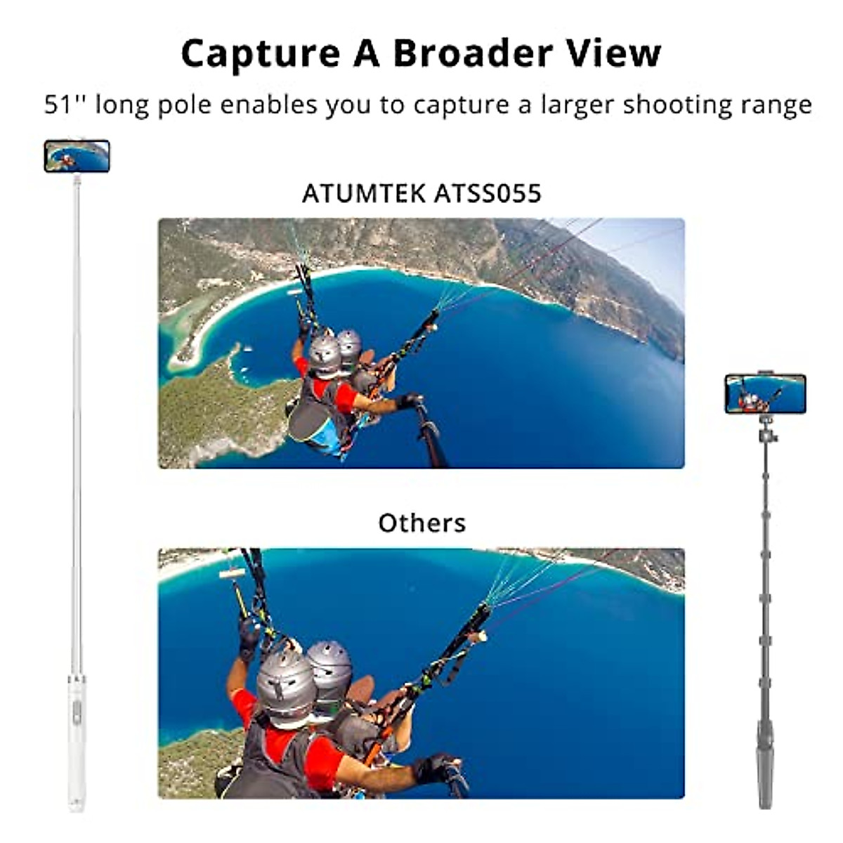 ATUMTEK 51" Selfie Stick Tripod, All in One Extendable Phone Tripod Stand with Bluetooth Remote 360° Rotation for iPhone and Android Phone Selfies, Video Recording, Vlogging, Live Streaming, White