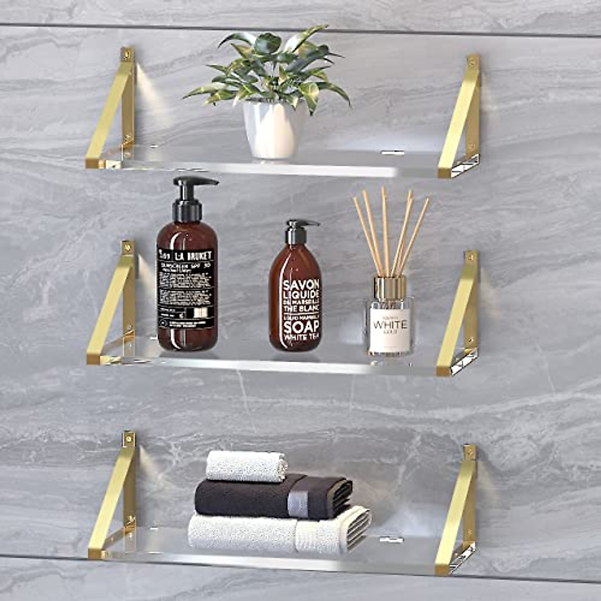 Gold Shelves Crystal-Clear Acrylic Floating Shelves,Gold Floating Shelves,Gold Wall Shelf,Sturdy Thickness 10mm(0.4inch) Acrylic Shelves for Wall Decor,Gold Shelving for Living Room Decor Set of 3.