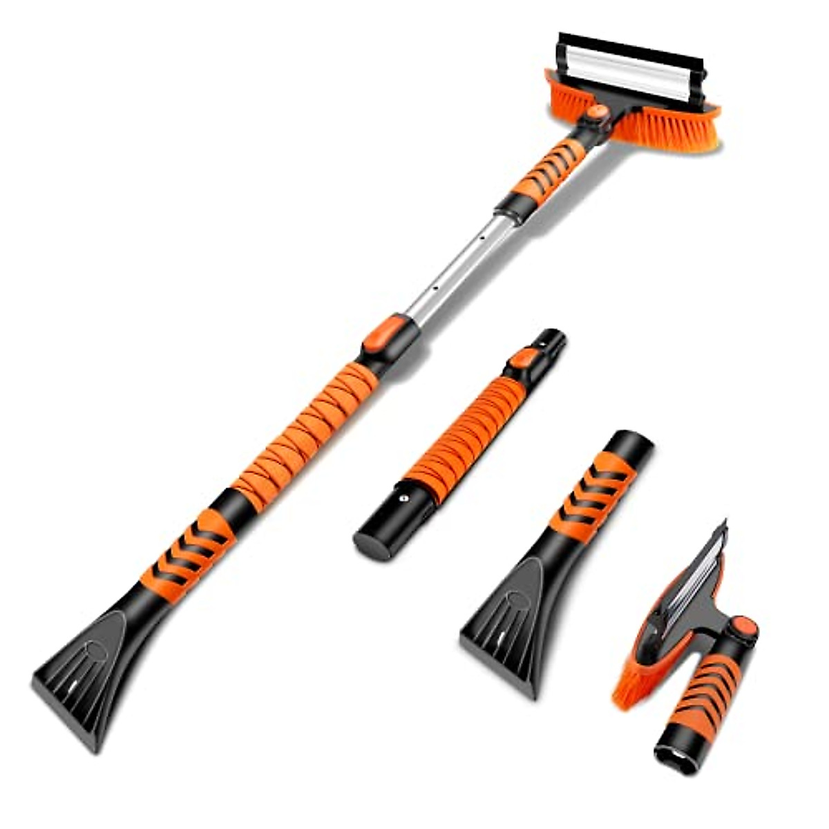 UHdod Ice Scraper and Snow Brush for Car SUV Trucks, 41” Extendable Snow Cleaning Brush for Car Windshield with Squeegee Telescoping Handle 180° Pivoting Brush Head Snow Scraper