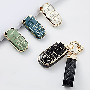 AKIYHIEI for Jeep Key Fob Cover Soft TPU Full Cover Protection Key Case for Grand Cherokee Renegade Chrysler 200 300 Dodge RAM Durango Challenger Journey Smart Key (Blue)