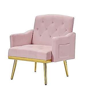 Keainvren Velvet Accent Sofa Chair,Modern Armchair Tufted Upholstered Reading Chair with Pocket for Living Room,Bedroom,Office,Lounge,Reception Room (Pink-Velvet)