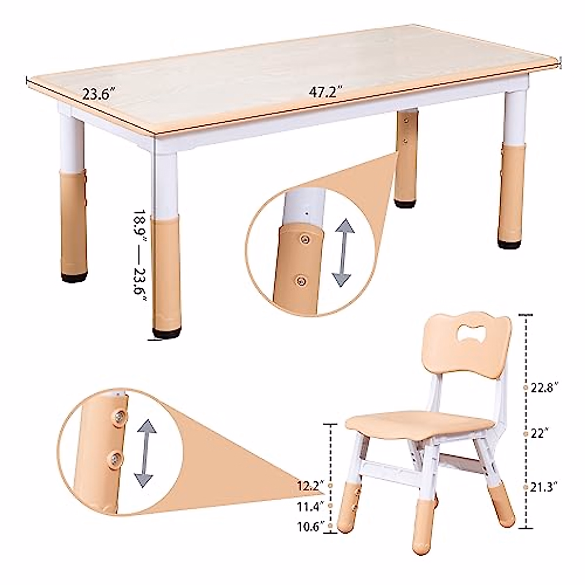 JONUTATO Toddler Table and Chair Set, Height-Adjustable Toddler Desk with 4 Seats, Kids Table and Chair Set for Girls & Boys Age 2-10, Scrub-Table Desktop Kids Study Table for Daycare, Brown