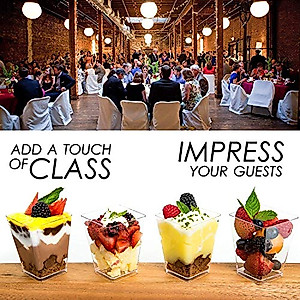 DLux 50 x 5 oz Mini Dessert Cups with Spoons, Square Large - Clear Plastic Parfait Appetizer Cup - Small Reusable Serving Bowl for Tasting Party Desserts Appetizers - With Recipe Ebook