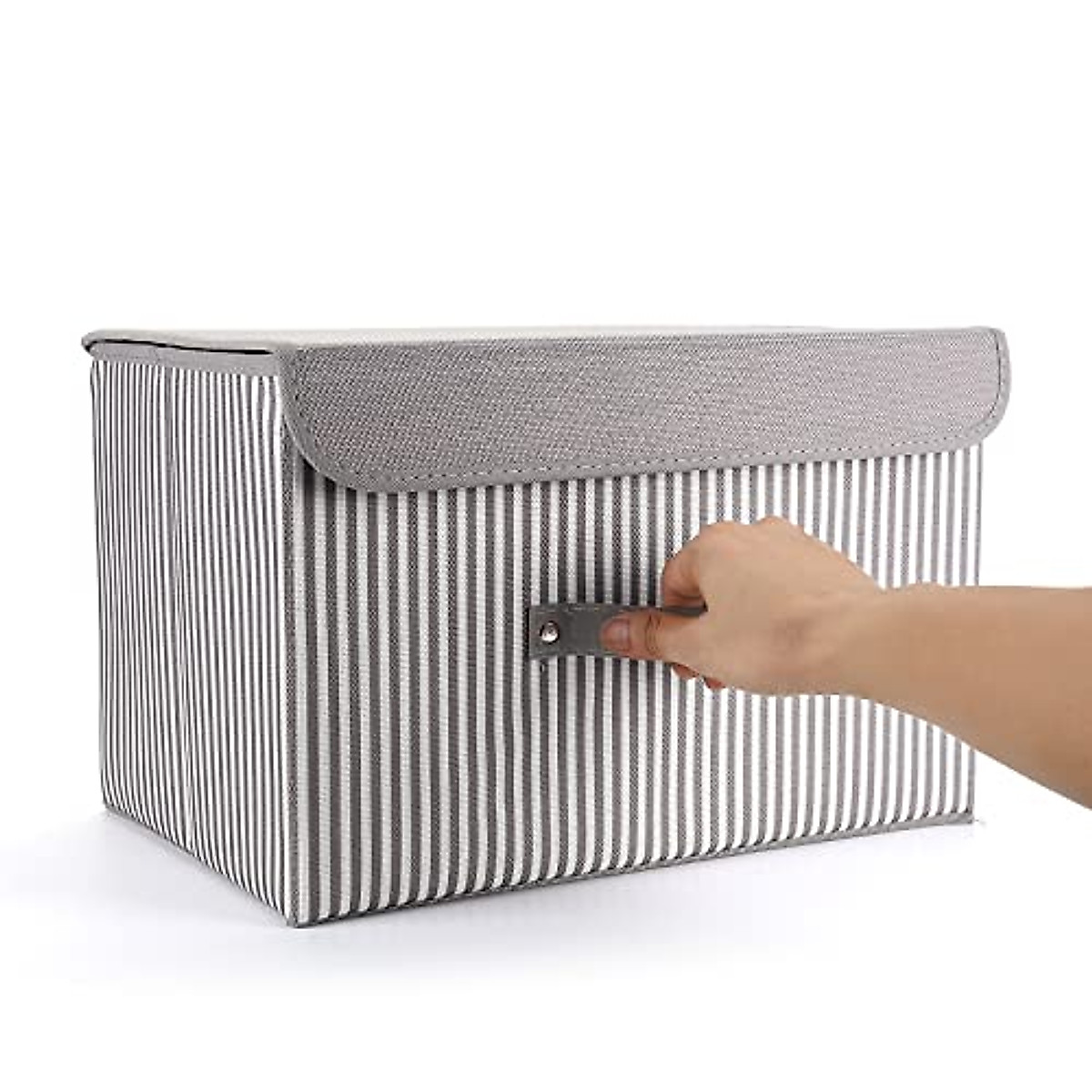 mee'life Foldable Storage Boxes with Lids 2 Pack Linen Fabric Storage Bins with Lids, Closet Organizers and Storage Baskets Cubes for Home Bedroom Closet Office (Grey Stripes, 14.9x9.8x9.8in)