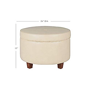 HomePop Round Leatherette Storage Ottoman with Lid, Ivory Large