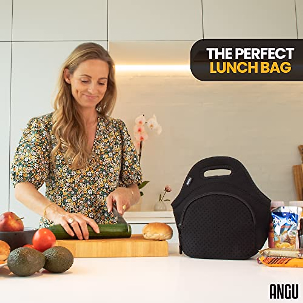 ANGU Neoprene Lunch Bag with Pocket - Keep Your Lunch Nice and Chilled - Washable Lunch Bags Made of Durable 5mm Neoprene - Quality YKK Zippers will Never Break - Soft Cotton Feel (Black)