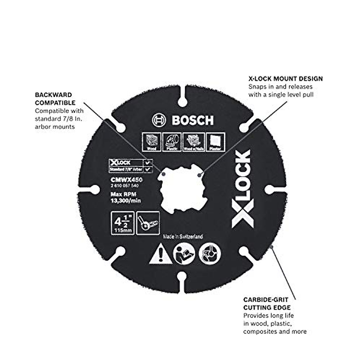 BOSCH CMWX450 4-1/2 In. X-LOCK Carbide Multi-Wheel Compatible with 7/8 In. Arbor for Applications in Cutting Wood, Wood with Nails, Plastic, Plaster