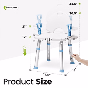 OasisSpace Shower Chair for Inside Shower - 450lbs Heavy Duty Bathroom Shower Chair with Back and Arms, Wide Seat Shower Stool with Handles, Adjustable Handicap Shower Seat for Senior and Disabled