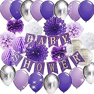Purple Elephant Baby Shower Decorations Baby Shower Banner Purple Silver Latex Balloons Polka Dot Paper Fans for Girl Baby Shower Photo Backdrop Purple Elephant Baby Shower Decorations