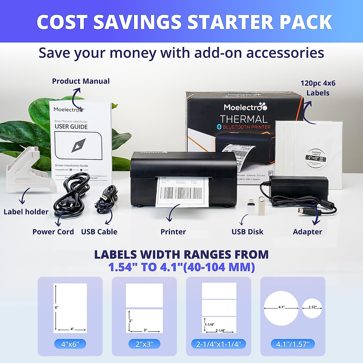 Moelectro Bluetooth Thermal Shipping Label Printer, 2023 New Upgraded 4x6 Wireless Printer, Compatible with Android & iPhone and Windows, Mac OS, Widely Used for Ebay, Shopify, Etsy, USPS