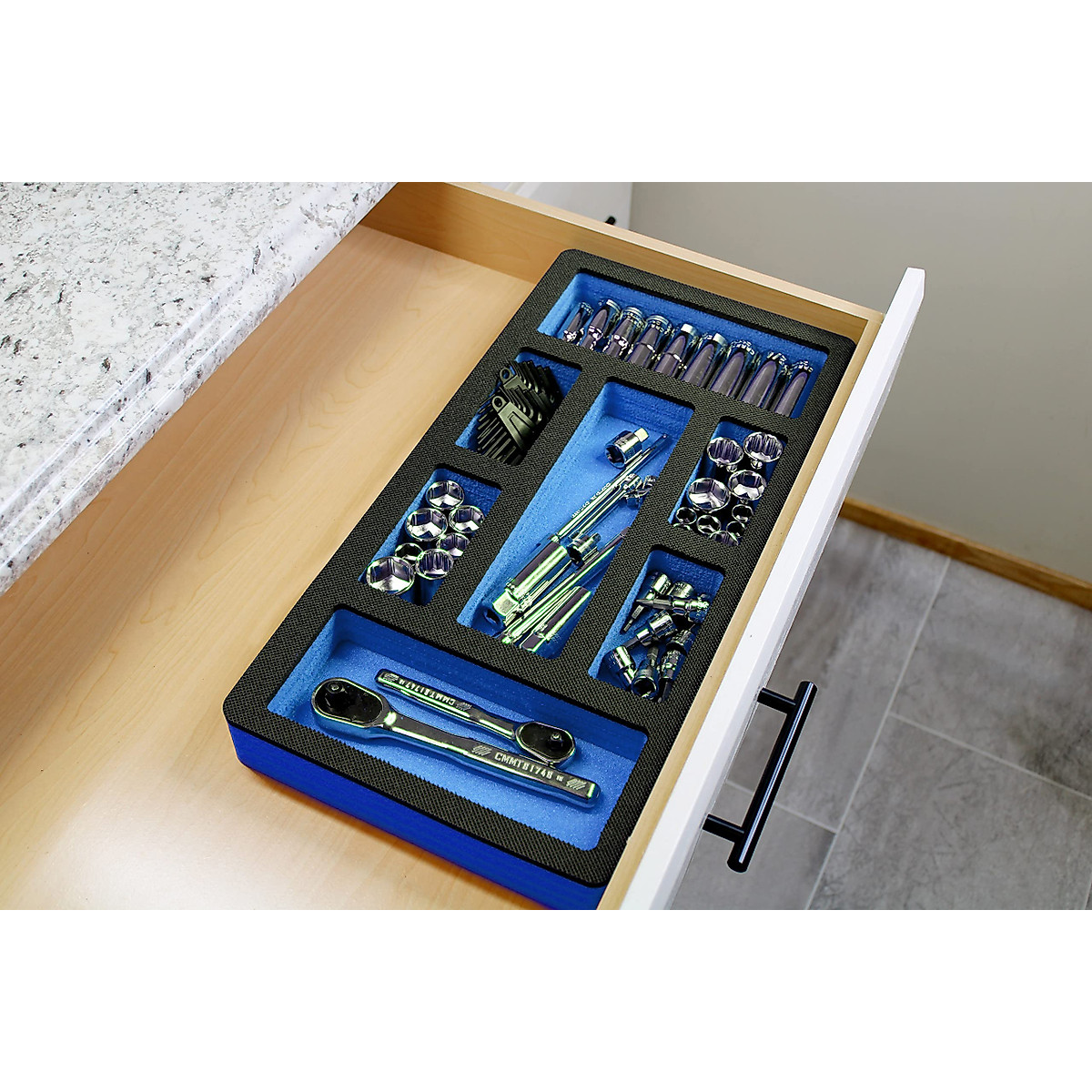 Polar Whale Tool Drawer Organizer Insert Blue and Black Durable Foam Strong Non-Slip Anti-Rattle Bin Holder Tray 20 x 10 Inches 7 Pockets Fits Craftsman Husky Kobalt Milwaukee and Many Others