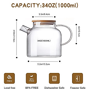 Glass Teapot Stovetop & Microwave Safe, 34oz/1000ml Glass Borosilicate Teapot with Removable Filter Spout, Glass Teapots with Bamboo Lid, Teapot for Loose Leaf, Fruit Tea, Blooming Tea