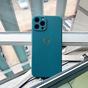 Ownest Compatible with iPhone 12 Pro Max Case for Soft Liquid Silicone Gold Heart Pattern Slim Protective Shockproof Case for Women Girls for iPhone 12 Pro Max-Pine Green