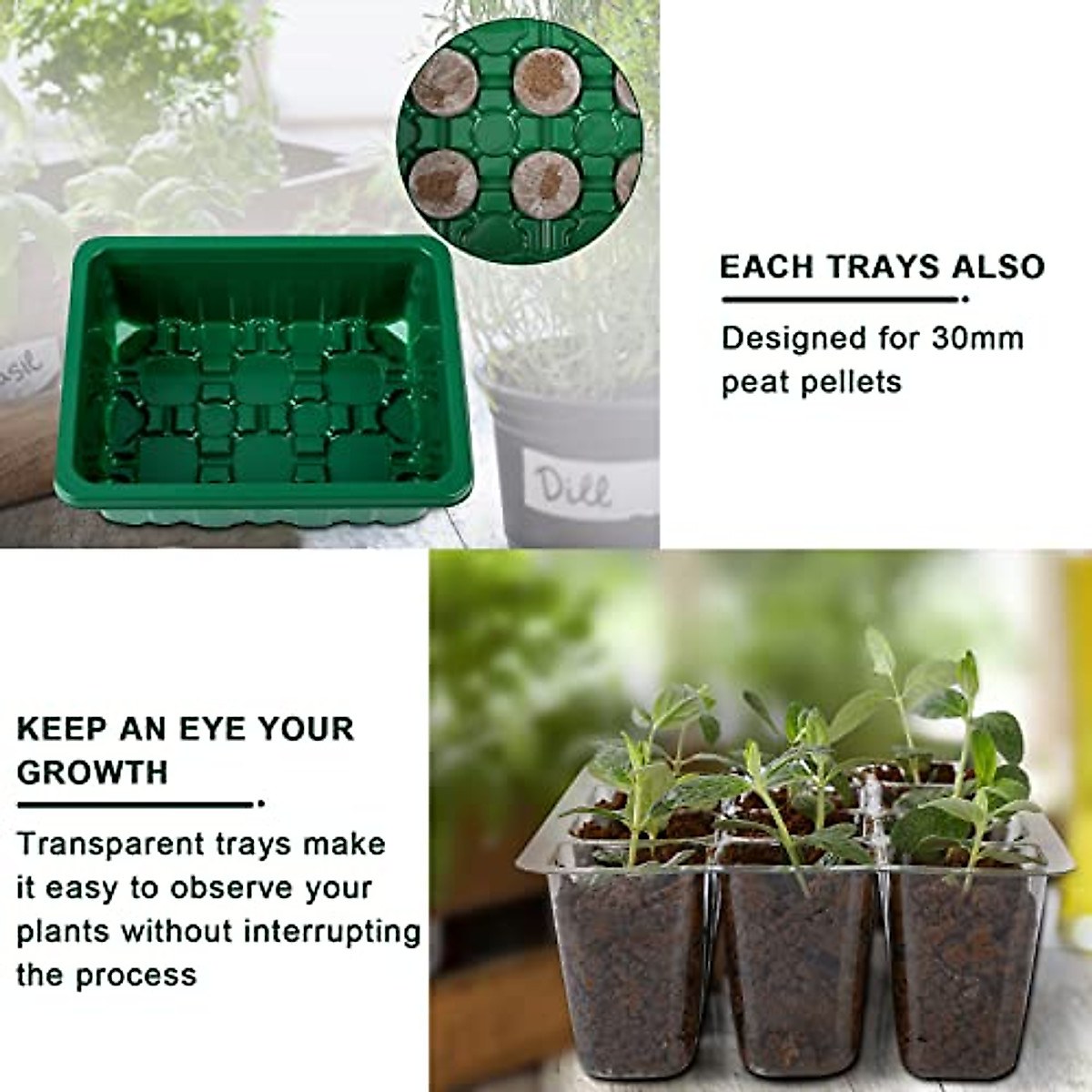 JERIA 12 Packs 144 Cells Seedling Starter Trays,Seed Starter Tray Seed Starter Kit with Humidity Adjustable Dome,Plant Germination Trays and Plant Starter Kit for Seeds Growing Starting (Green)