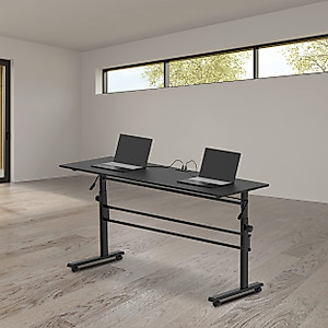 Stand Up Desk Store Crank Adjustable Height Flip Top Rolling Conference Classroom Table (Black Frame/Black Top, 71" Wide)