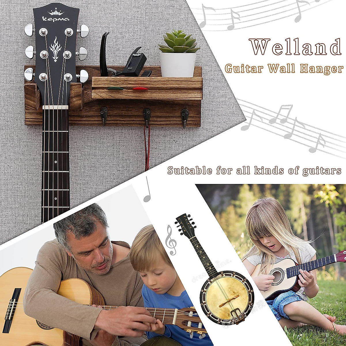 WELLAND Guitar Wall Hanger Guitar Holder Wall Mount, Guitar Accessories Rack with Pick Holder & 3 Hooks