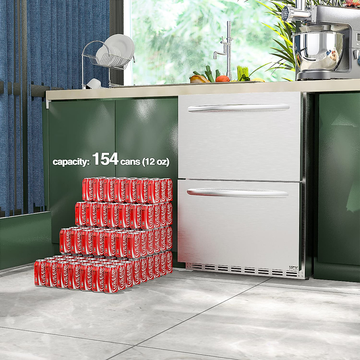 REALONE 24 Inch Under Counter Refrigerator, Stainless Steel Built-in Freestanding Double Drawers Fridge, Beverage Fridge Refrigerator, Digital Display Weatherproof for Outdoor Commercial Home Use