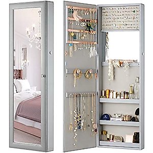 LUXFURNI Jewelry Armoire Organizer, Wall/Door Mounted Cabinet with Full Length Mirror (Grey)