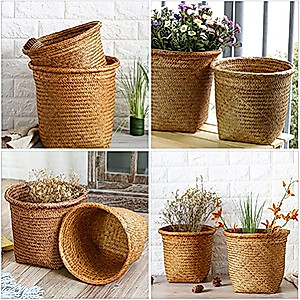 NUOBESTY Rattan Trash Can Woven Hyacinth Storage Basket Rubbish Paper Bins Straw Woven Wastebasket Willow Woven Flower Pots Sundries Container Basket for Bedroom Kitchen M