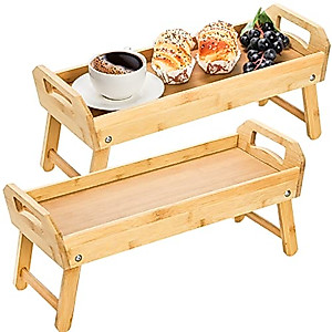 AVLA 2 Pack Bamboo Serving Platter, Serving Board on Stand, Party Raised Serving Appetizer Tray, Decorative Dessert Table Display Shelf Organizer, Cheese Charcuterie Boards Riser with Handle