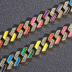 Apzzic 12mm Colorful Full Iced Out Paved Rhinestones Miami Cuban Prong Chain CZ Bling Hip Hop Rapper Bracelet for Men Women Gold 8inch