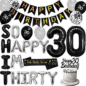 30th Birthday Decoration Black and Silver So Happy I’m Thirty Funny 30th Birthday Balloons for Men Women Talk Thirty to Me Sash Number 30 Foil Balloon Glitter Cake Topper