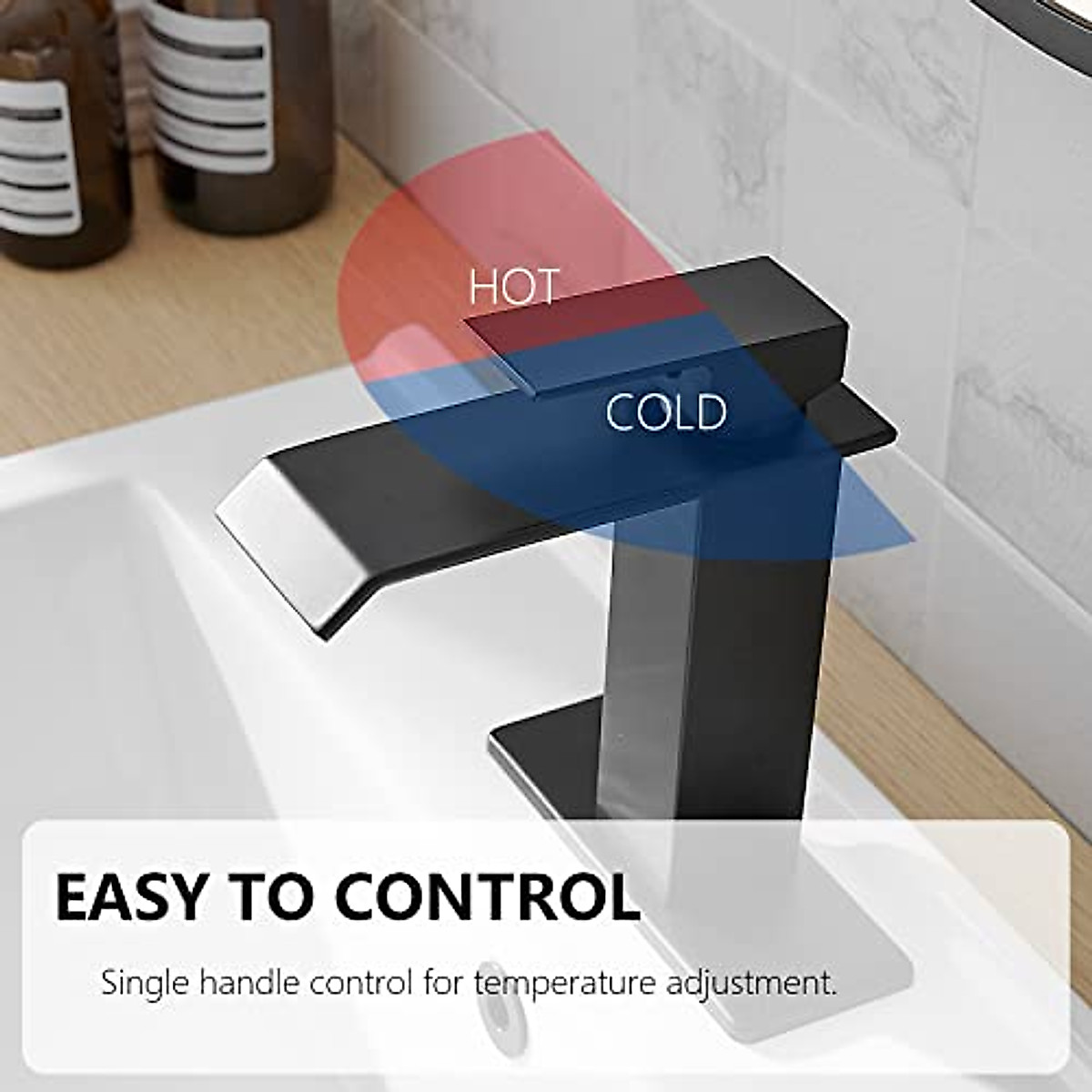 BATHLAVISH Matte Black Bathroom Faucet Waterfall Single Hole with Pop Up Drain with Overflow Matt Modern Single Handle Vanity Lavatory Sink 1 or 3 Hole Deck Mount