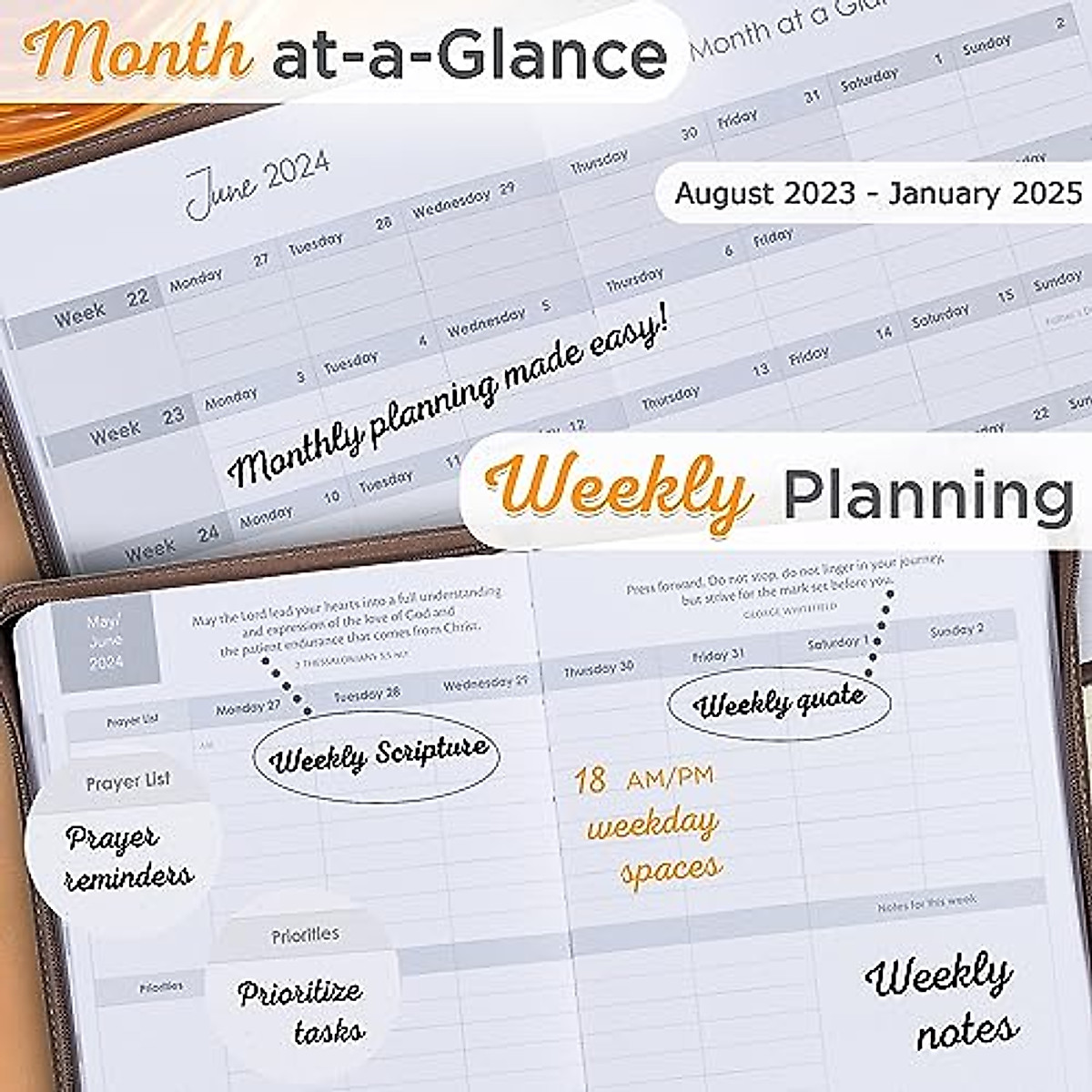 Christian Art Gifts 2024 18 Month Women's Large Vegan Leather Personal Planner Organizer w/Zipper Closure: Trust in the Lord Bible Verse for Daily, Weekly, Monthly Planning, Agenda, Work, Brown Floral