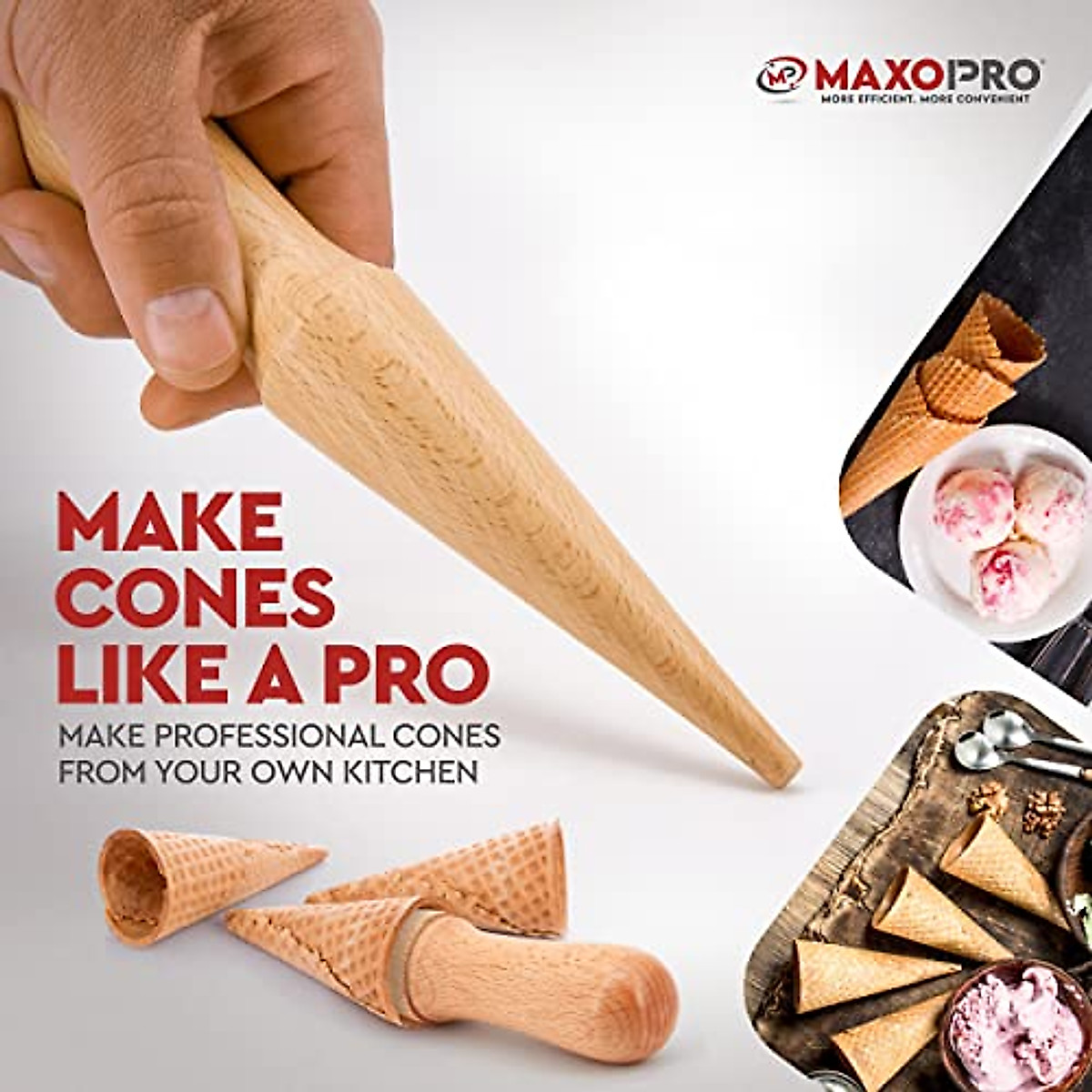 MaxoPro Ice Cream Waffle Cone Roller – 8.6 Inch Strong & Smooth krumkake cone roller - Wooden Pizzelle Cone Mold – Non-Slip Handle Waffle Cone Shaper Tool