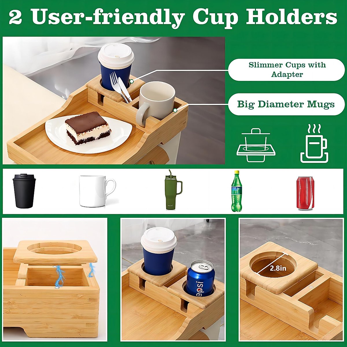 BAMBOOTRAY Couch Arm Tray, Multi-Function Folding Sofa Armrest Tray with 360°Rotating Phone&Pad Bracket, TV Tray for Eating and Beverage