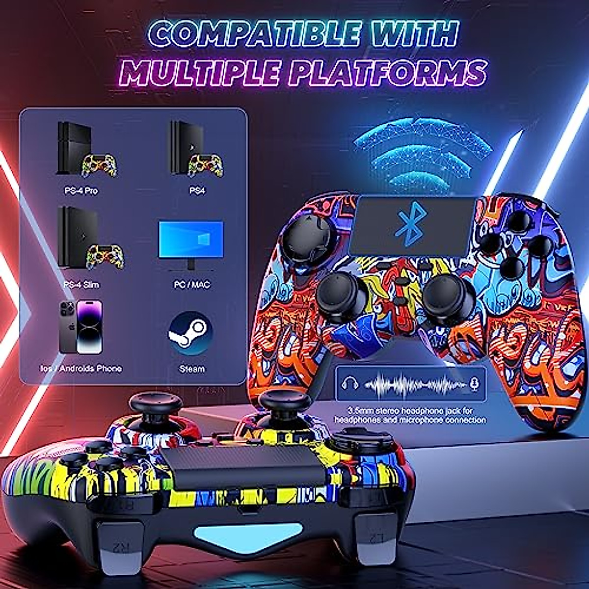 Nonbliep 2 Pack Wireless for PS4 Controller Compatible with Playstation 4/PS4 Slim/PS4 Pro with Turbo/6-Axis Motion Sensor/1000mAh Battery/Headphone Audio Replacement for PS4 Controller