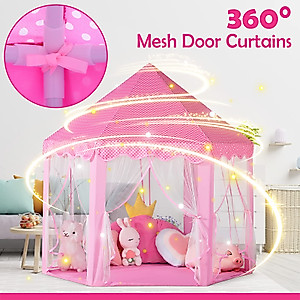 wilwolfer Princess Castle Play Tent for Girls Large Kids Play Tents Hexagon Playhouse with Star Lights Toys for Children Indoor Games (Pink)
