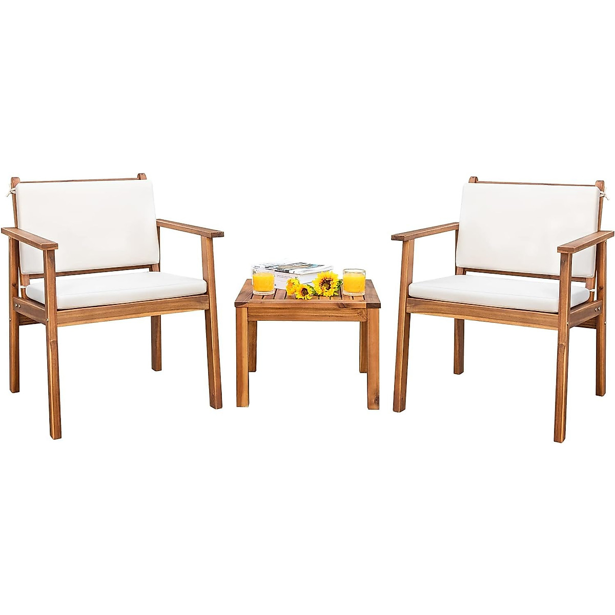 Devoko Patio Set 3 Piece Acacia Wood Outdoor Furniture Conversation Seat with Table & Cushions Porch Chairs for Balcony, Deck, Backyard, Beige