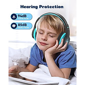 Kids Bluetooth Headphones, Colorful Wireless Over Ear Headset with 85dB/94dB Volume Limited, 45H Playtime, 3 Lighting Modes, Built-in Mic Headphones for Boys Girls iPad Tablet School Airplane Blue