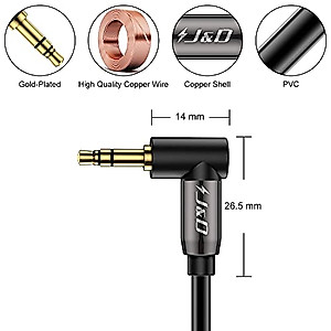 J&D (2 Pack Gold Plated 3.5mm Stereo Audio Aux Cable 90 Degree Right Angle Compatible for iPhone, Galaxy, Speakers and All Other Devices, 6 Feet