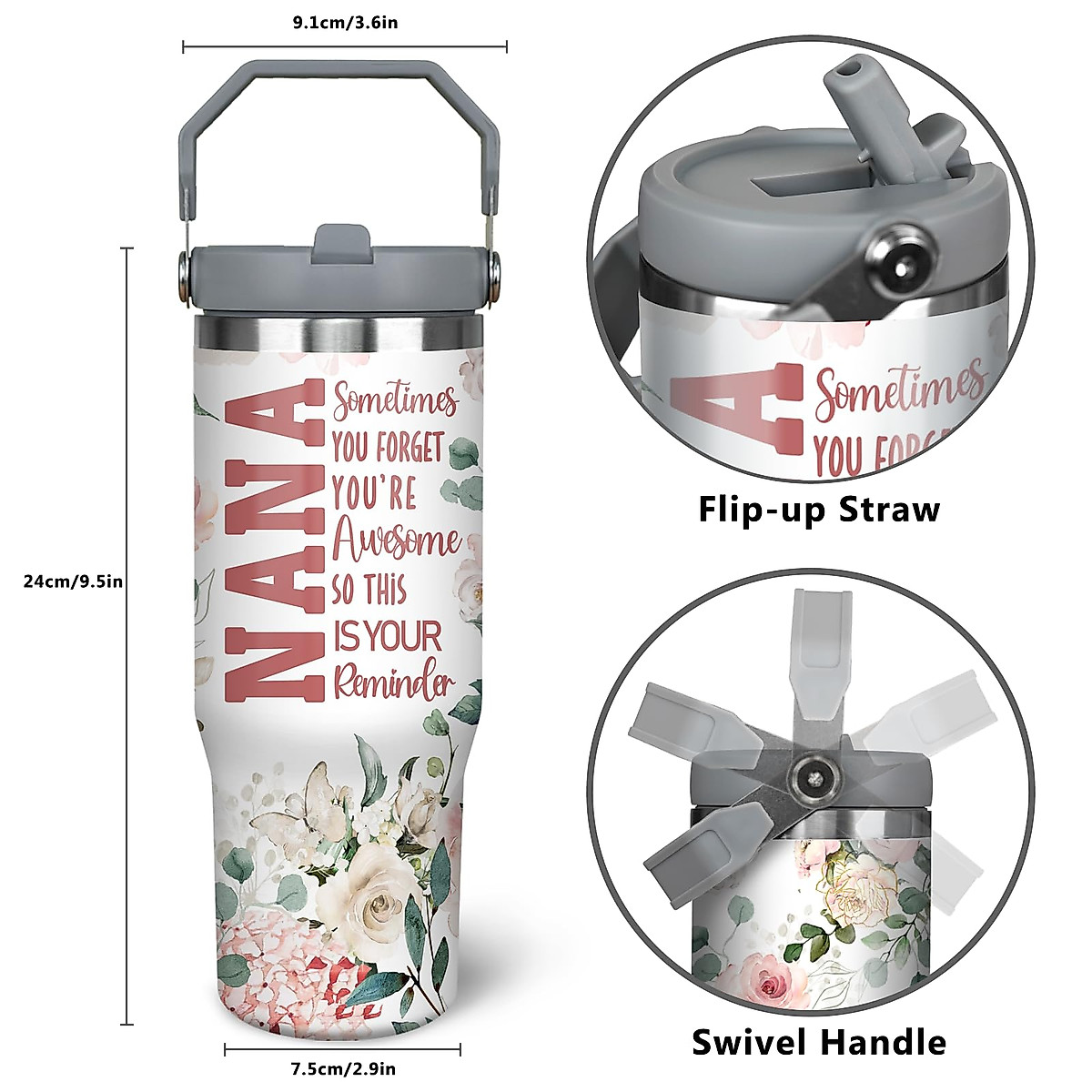 ysnifeiw 30oz Grandma Tumbler with Handle and Straw, Stainless Steel Insulated Nana Cup with Top Handle and Lid, Grandma Coofee Mug Christmas Birthday Gifts for Grammy/Gigi/Mimi
