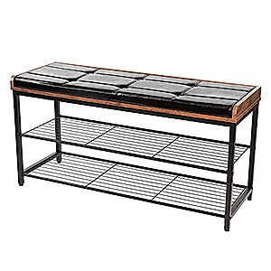 AVAFORT Two Layer Shoe Bench with PU Leather Padded Seat Top, Metal Frame, Rustic Brown