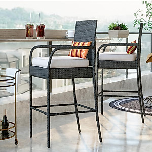 Sundale Outdoor Bar Stools Set of 2, 2 Piece Wicker Bar Stools Rattan Chairs, Patio Bar Chair with Arms, Cushion Beige, All-Weather Wicker Patio Furniture - Steel, Charcoal Dark Gray