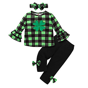 YOUNGER TREE Toddler Girl St Patricks Day Outfits Four-Leaf Clover Sweatshirt Clothes Saint Patrick's Day Ruffle T Shirt Tops + Bell Bottoms Pants (Green Plaid A, 4-5T)