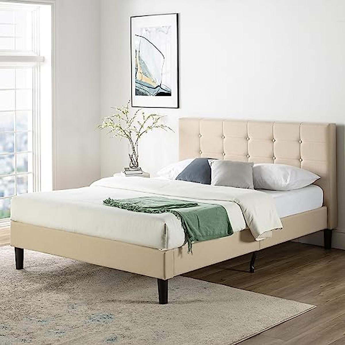 ZINUS Ibidun Upholstered Platform Bed Frame, Mattress Foundation, Wood Slat Support, No Box Spring Needed, Easy Assembly, Full, Beige