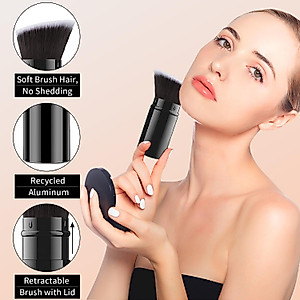 Falliny Retractable Makeup Brush, Travel Angled Kabuki Powder Brush Portable Face Liquid Foundation Sunscreen Brush with Cover for Blending Liquid, Cream or Flawless Powder Cosmetics