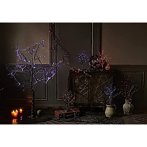 LITBLOOM Lighted Spooky Halloween Tree with Timer Battery Operated or USB Plug in, Pre-lit Black Glittered Tabletop Tree with Orange Lights 24L 18IN for Halloween Home Party Decoration Indoor