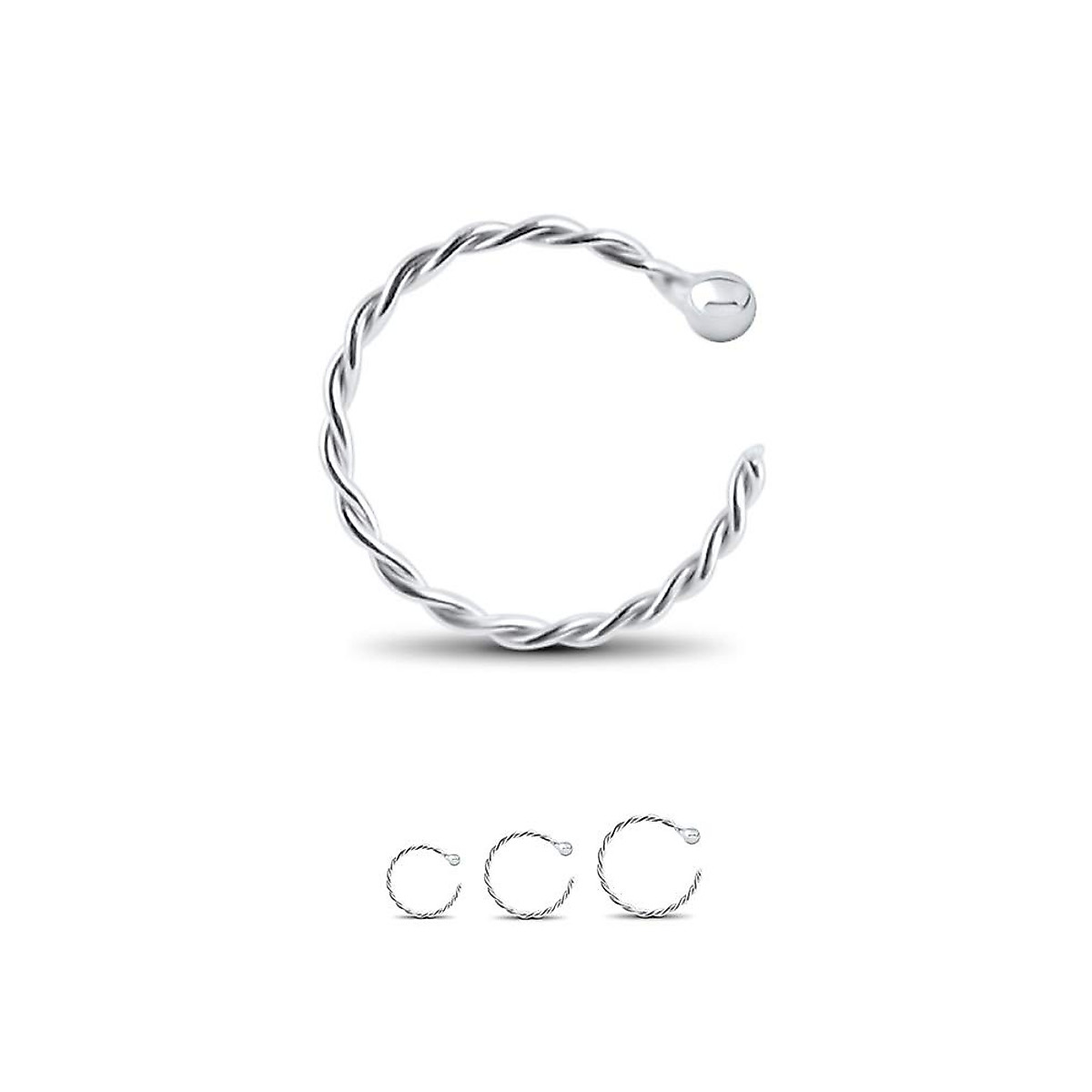 14k White Gold Nose Hoops Twisted Open Nose Rings 5/16" - 8mm 20G