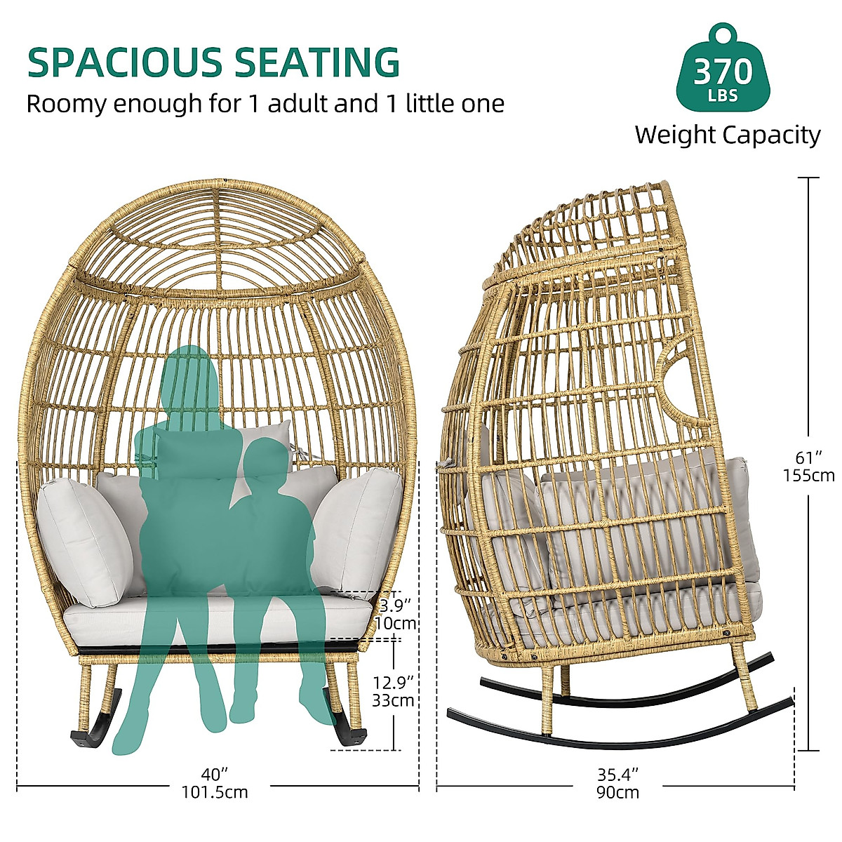 YITAHOME Wicker Egg Chair Outdoor, Patio Egg Chair, Rocking Egg Chair for Outside, Grey