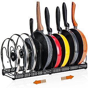 Toplife Pots and Pans Organizer Rack for Cabinet and Countertop, 10+ Pot Lids, Bakeware and Cookware Holder with 10 Adjustable Compartments - Black