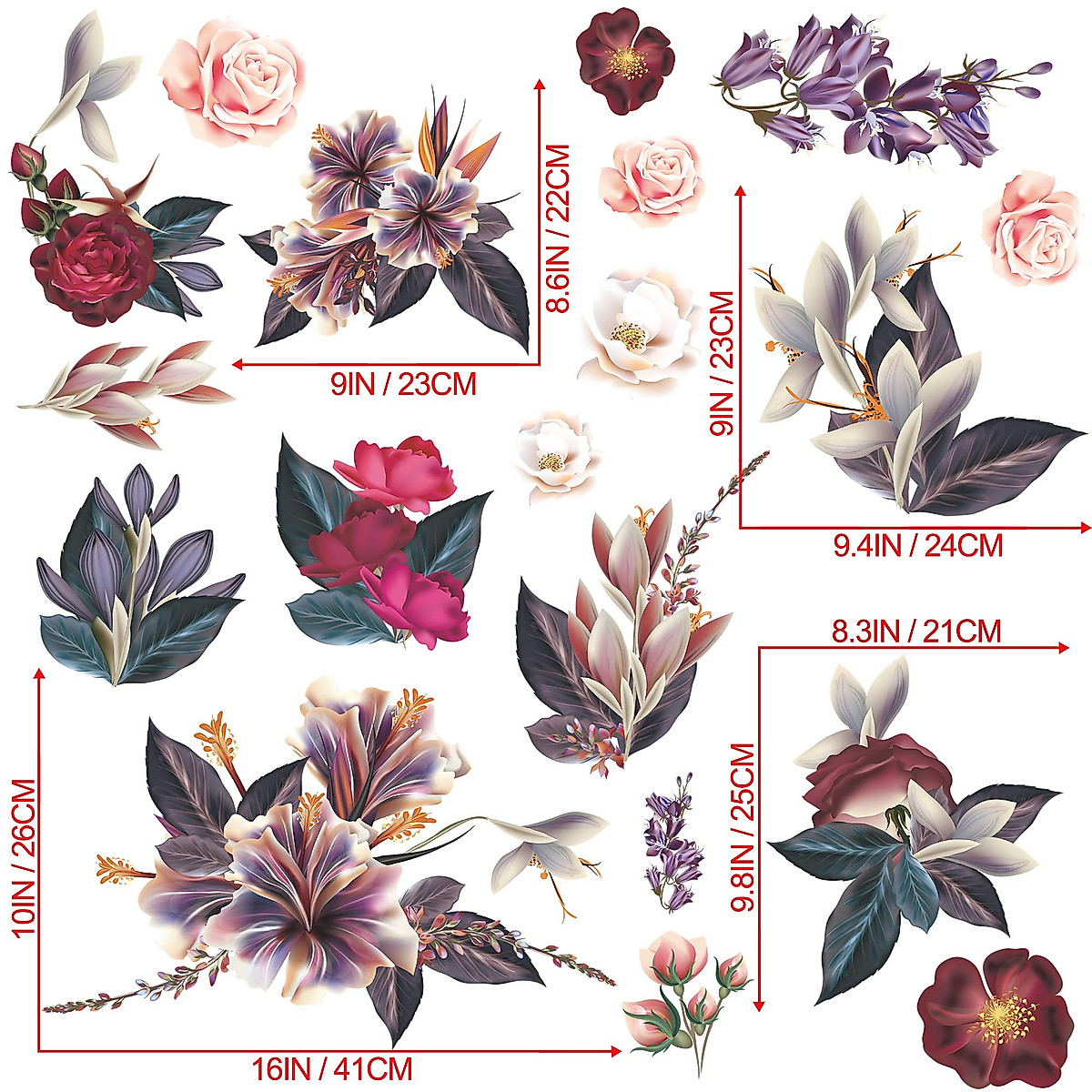 RAINBOW WSK Flowers Peonies Wall Decal Peel and Stick Elegant Pink Red Rose Wall Sticker for Girls Room Tropical Flower Plants Wall Decor Vintage Modern Home Wall Art for Living Room Kitchen Office