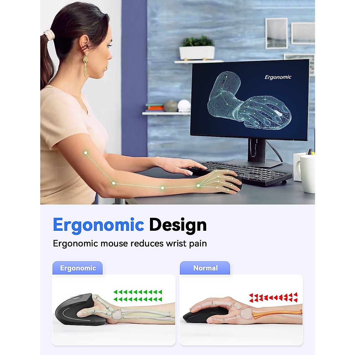 TECKNET Ergonomic Mouse, 4800 DPI Wireless Vertical Mouse with 5 Adjustable DPI Levels, 2.4GHz Optical Carpal Tunnel Mouse, 6 Buttons Wireless Mouse for Laptop, Desktop, PC, MacBook - Grey