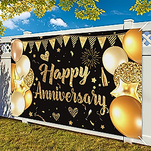 Black Happy Anniversary Party Banner Backdrop, Large Black Gold Wedding Anniversary Banner, Valentine's Day Anniversary Party Background Poster Wedding Anniversary Birthday Party Decorations