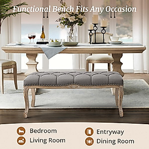 Cozyman Bedroom Bench, French Vintage Tufted Entryway Bench, 45.2" Carving Upholstered End of Bed Bench with Distressed Wood Legs, Linen Ottoman Bench Seat for Living Room, Foyer, Dining Room, Gray