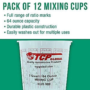 Custom Shop - Pack of 12-64 Ounce Graduated Paint Mixing Cups (2 Quarts) - Cups Have Calibrated Mixing Ratios on Side of Cup - Cups Hold 80-Fluid Ounces